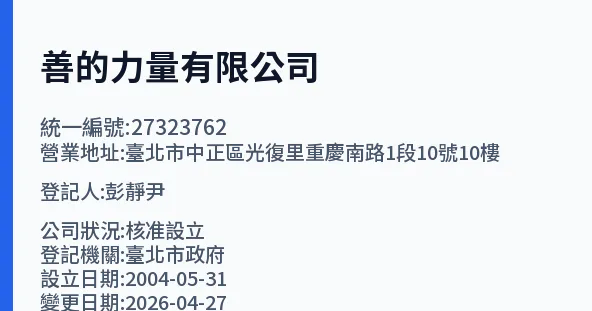 善的力量有限公司的照片-統編 27323762(臺北市) 公司登記資料與營業項目詳細圖表