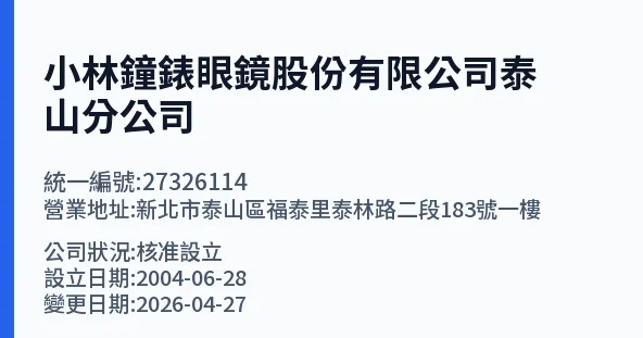小林鐘錶眼鏡股份有限公司泰山分公司的照片-統編 27326114(新北市) 公司登記資料與營業項目詳細圖表