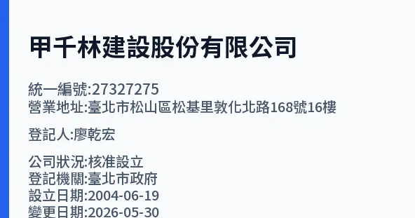 甲千林建設股份有限公司的照片-統編 27327275(臺北市) 公司登記資料與營業項目詳細圖表