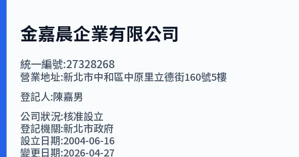 金嘉晨企業有限公司的照片-統編 27328268(新北市) 公司登記資料與營業項目詳細圖表
