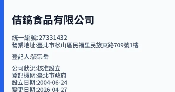 佶鎬食品有限公司的照片-統編 27331432(臺北市) 公司登記資料與營業項目詳細圖表