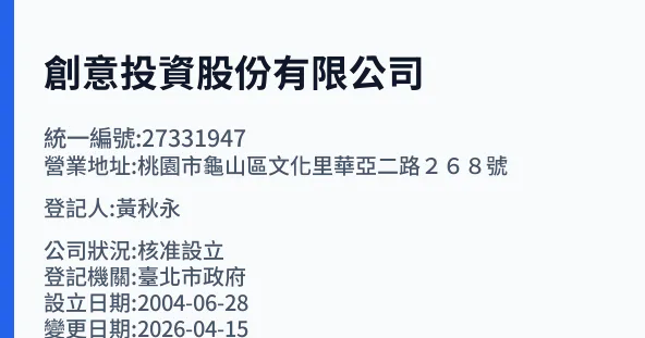 創意投資股份有限公司的照片-統編 27331947(臺北市) 公司登記資料與營業項目詳細圖表