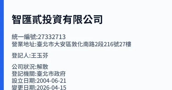 智匯貳投資有限公司的照片-統編 27332713(臺北市) 公司登記資料與營業項目詳細圖表