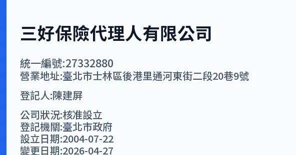 三好保險代理人有限公司的照片-統編 27332880(臺北市) 公司登記資料與營業項目詳細圖表