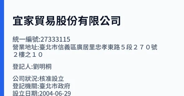 宜家貿易股份有限公司的照片-統編 27333115(臺北市) 公司登記資料與營業項目詳細圖表