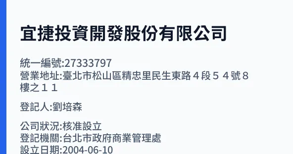 宜捷投資開發股份有限公司的照片-統編 27333797(臺北市) 公司登記資料與營業項目詳細圖表