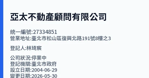 亞太不動產顧問有限公司的照片-統編 27334851(臺北市) 公司登記資料與營業項目詳細圖表