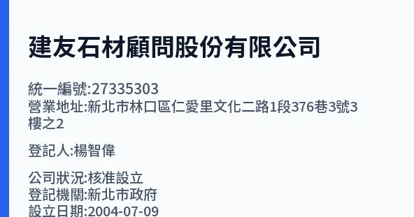 建友石材顧問股份有限公司的照片-統編 27335303(新北市) 公司登記資料與營業項目詳細圖表