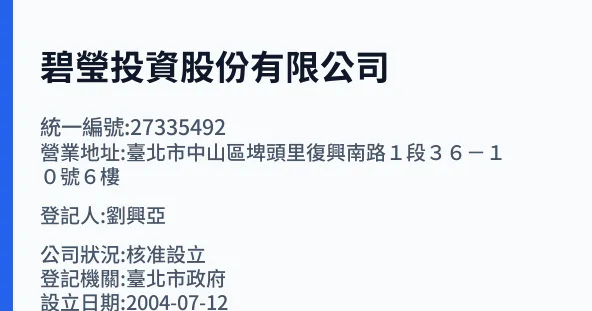 碧瑩投資股份有限公司的照片-統編 27335492(臺北市) 公司登記資料與營業項目詳細圖表