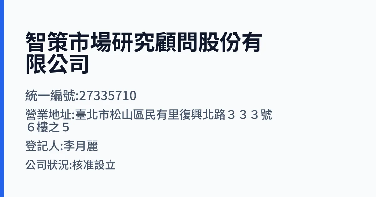 智策市場研究顧問股份有限公司 - 統編 27335710(臺北市) 公司登記資料與營業項目詳細圖表