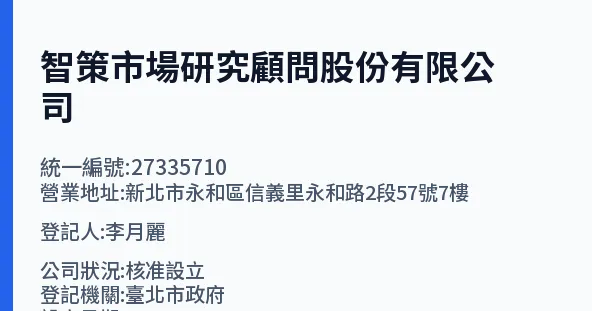 智策市場研究顧問股份有限公司的照片-統編 27335710(新北市) 公司登記資料與營業項目詳細圖表