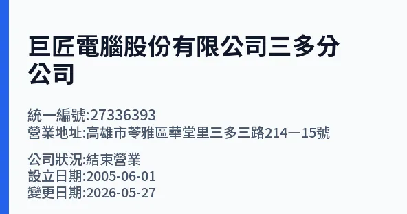 巨匠電腦股份有限公司三多分公司的照片-統編 27336393(高雄市) 公司登記資料與營業項目詳細圖表