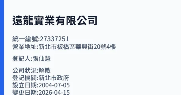 遠龍實業有限公司的照片-統編 27337251(新北市) 公司登記資料與營業項目詳細圖表