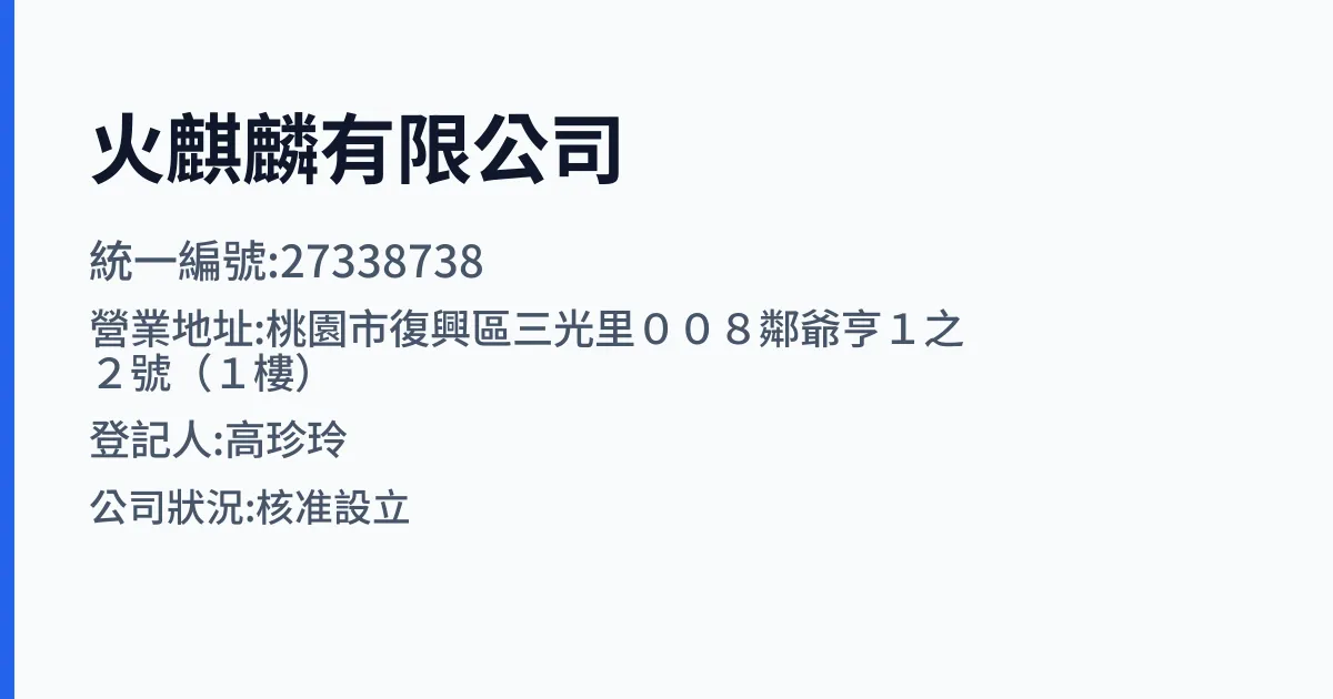 火麒麟有限公司 - 統編 27338738(桃園市) 公司登記資料與營業項目詳細圖表