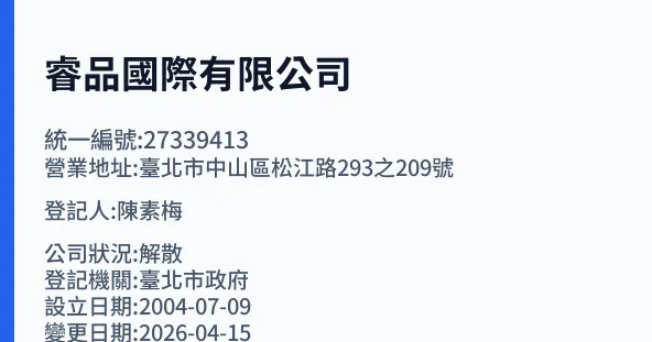睿品國際有限公司的照片-統編 27339413(臺北市) 公司登記資料與營業項目詳細圖表