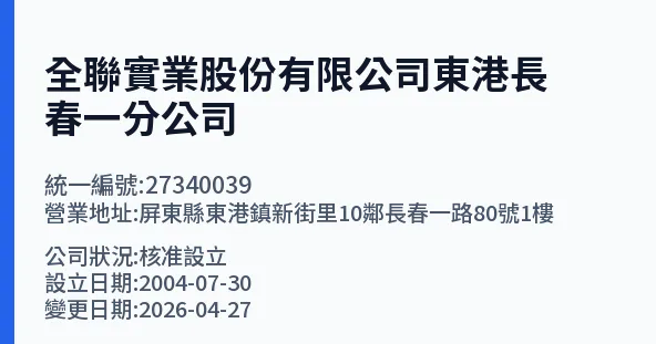 全聯實業股份有限公司東港長春一分公司的照片-統編 27340039(屏東縣) 公司登記資料與營業項目詳細圖表