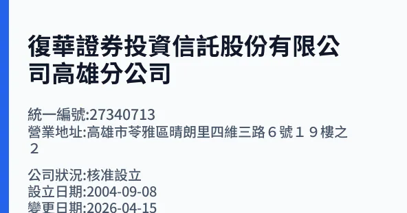 復華證券投資信託股份有限公司高雄分公司的照片-統編 27340713(高雄市) 公司登記資料與營業項目詳細圖表