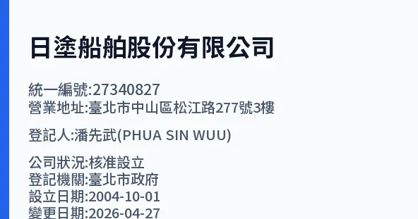日塗船舶股份有限公司的照片-統編 27340827(臺北市) 公司登記資料與營業項目詳細圖表