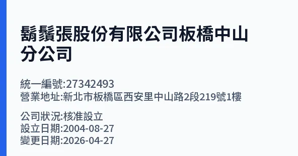 鬍鬚張股份有限公司板橋中山分公司的照片-統編 27342493(新北市) 公司登記資料與營業項目詳細圖表