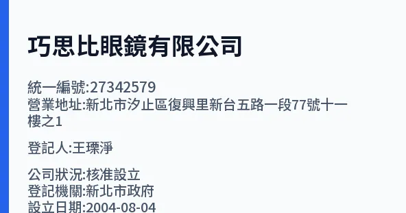 巧思比眼鏡有限公司的照片-統編 27342579(新北市) 公司登記資料與營業項目詳細圖表
