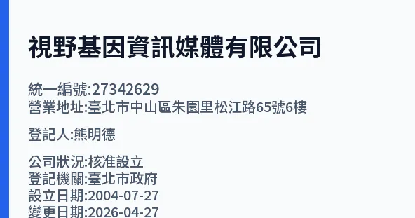 視野基因資訊媒體有限公司的照片-統編 27342629(臺北市) 公司登記資料與營業項目詳細圖表