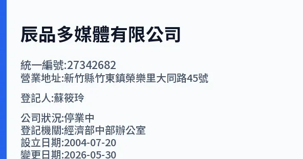 辰品多媒體有限公司的照片-統編 27342682(新竹縣) 公司登記資料與營業項目詳細圖表
