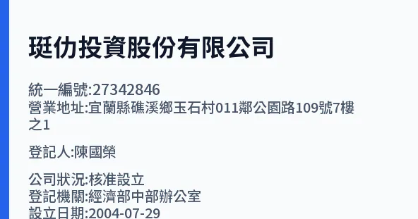 珽仂投資股份有限公司的照片-統編 27342846(宜蘭縣) 公司登記資料與營業項目詳細圖表