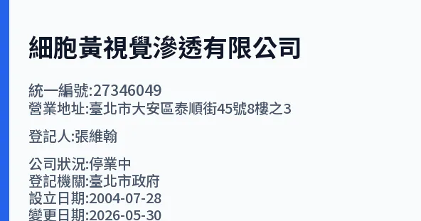 細胞黃視覺滲透有限公司的照片-統編 27346049(臺北市) 公司登記資料與營業項目詳細圖表