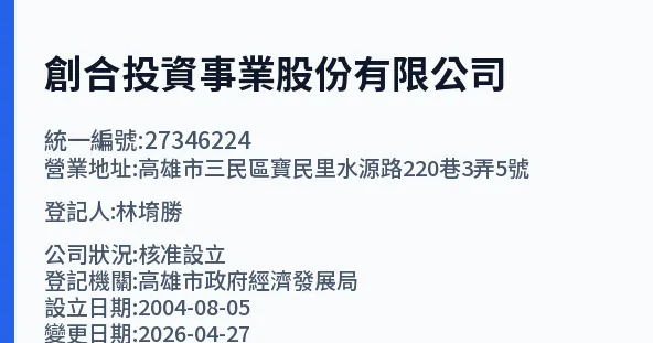 創合投資事業股份有限公司的照片-統編 27346224(高雄市) 公司登記資料與營業項目詳細圖表