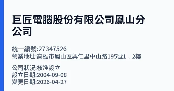 巨匠電腦股份有限公司鳳山分公司的照片-統編 27347526(高雄市) 公司登記資料與營業項目詳細圖表