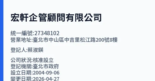 宏軒企管顧問有限公司的照片-統編 27348102(臺北市) 公司登記資料與營業項目詳細圖表