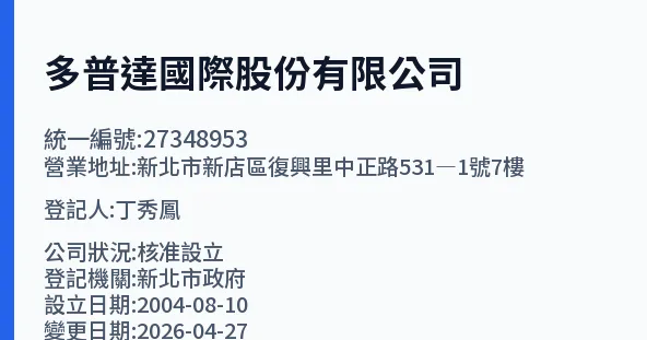 多普達國際股份有限公司的照片-統編 27348953(新北市) 公司登記資料與營業項目詳細圖表