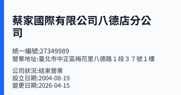 蔡家國際有限公司八德店分公司的照片-統編 27349989(臺北市) 公司登記資料與營業項目詳細圖表
