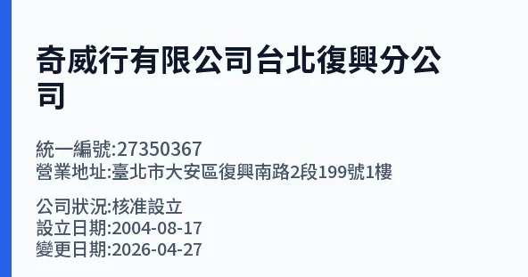 奇威行有限公司台北復興分公司的照片-統編 27350367(臺北市) 公司登記資料與營業項目詳細圖表