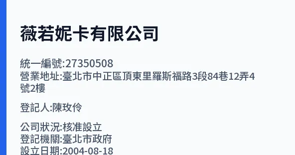 薇若妮卡有限公司的照片-統編 27350508(臺北市) 公司登記資料與營業項目詳細圖表
