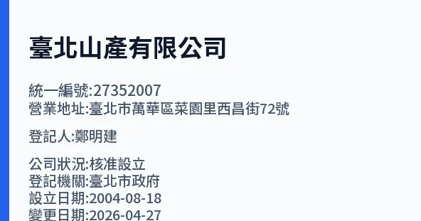 臺北山產有限公司的照片-統編 27352007(臺北市) 公司登記資料與營業項目詳細圖表