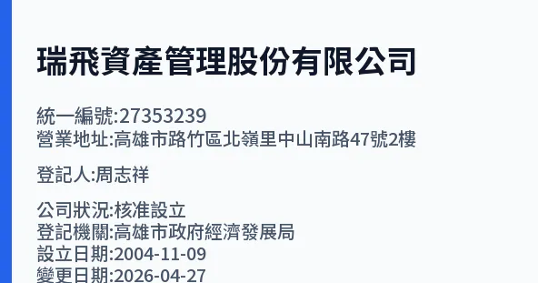 瑞飛資產管理股份有限公司的照片-統編 27353239(高雄市) 公司登記資料與營業項目詳細圖表
