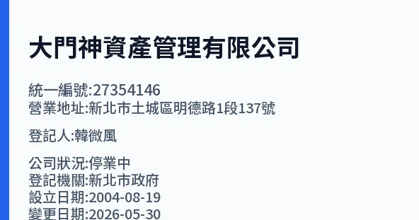 大門神資產管理有限公司的照片-統編 27354146(新北市) 公司登記資料與營業項目詳細圖表