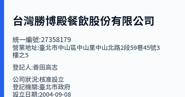 台灣勝博殿餐飲股份有限公司的照片-統編 27358179(臺北市) 公司登記資料與營業項目詳細圖表