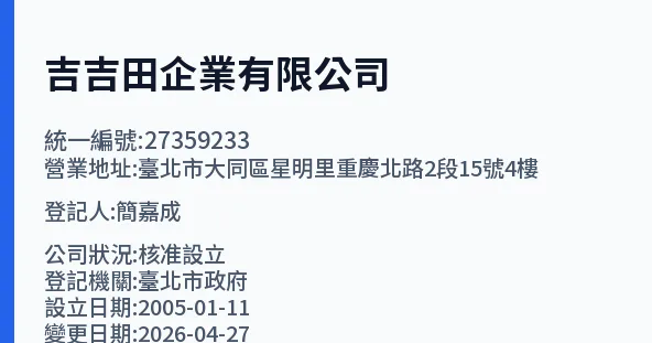 吉吉田企業有限公司的照片-統編 27359233(臺北市) 公司登記資料與營業項目詳細圖表