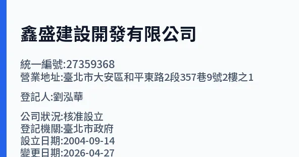 鑫盛建設開發有限公司的照片-統編 27359368(臺北市) 公司登記資料與營業項目詳細圖表