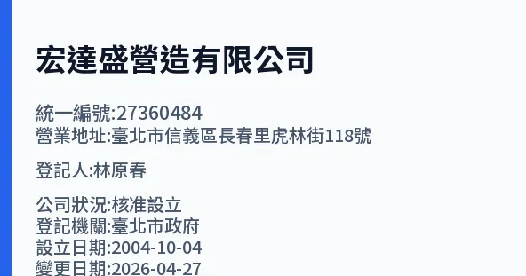 宏達盛營造有限公司的照片-統編 27360484(臺北市) 公司登記資料與營業項目詳細圖表