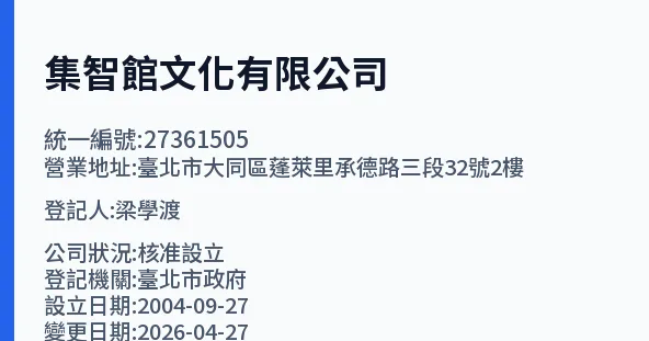 集智館文化有限公司的照片-統編 27361505(臺北市) 公司登記資料與營業項目詳細圖表