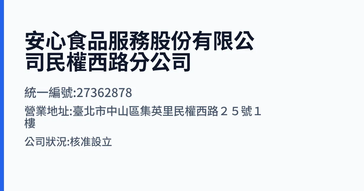 安心食品服務股份有限公司民權西路分公司 - 統編 27362878(臺北市) 公司登記資料與營業項目詳細圖表