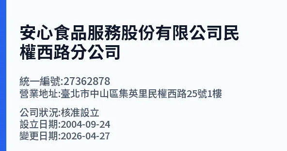 安心食品服務股份有限公司民權西路分公司的照片-統編 27362878(臺北市) 公司登記資料與營業項目詳細圖表
