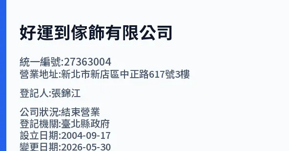 好運到傢飾有限公司的照片-統編 27363004(新北市) 公司登記資料與營業項目詳細圖表
