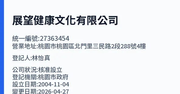 展望健康文化有限公司的照片-統編 27363454(桃園市) 公司登記資料與營業項目詳細圖表