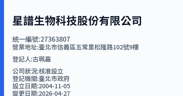 星譜生物科技股份有限公司的照片-統編 27363807(臺北市) 公司登記資料與營業項目詳細圖表