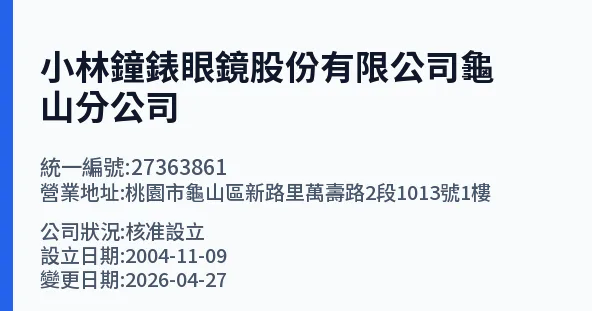 小林鐘錶眼鏡股份有限公司龜山分公司的照片-統編 27363861(桃園市) 公司登記資料與營業項目詳細圖表