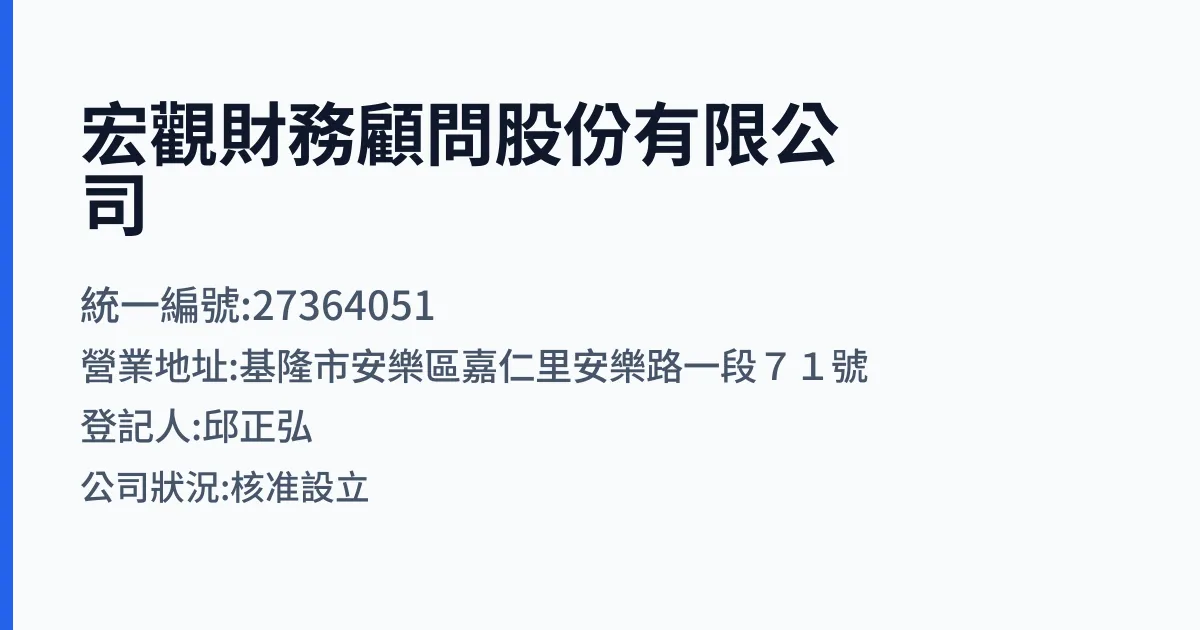 宏觀財務顧問股份有限公司 - 統編 27364051(基隆市) 公司登記資料與營業項目詳細圖表